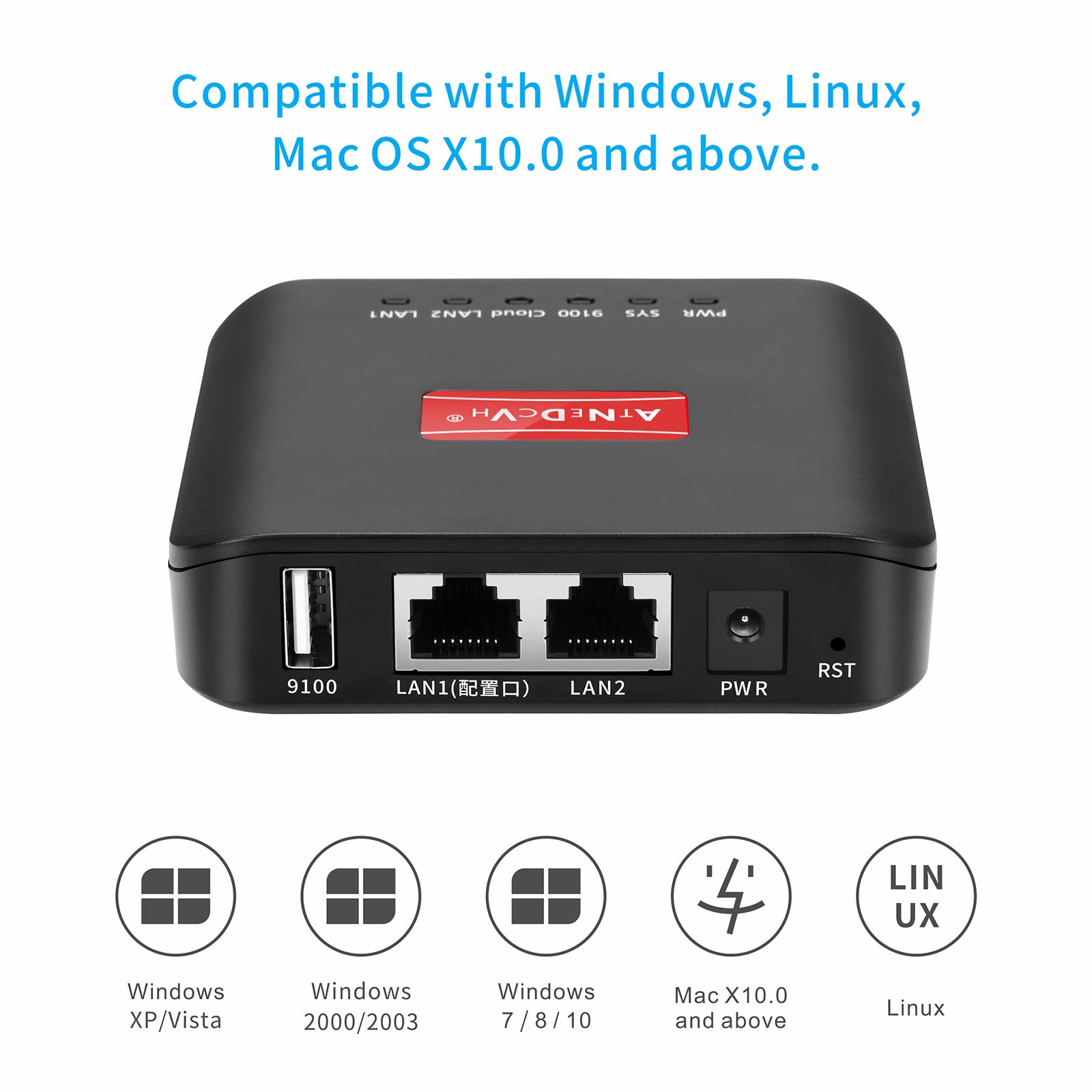 ATNEDCVH USB 2.0 Multifunctional WiFi Print & Scan Server,USB Wireless Extender Sharer,10/100Mbps RJ45 LAN 1 Port USB Over Ethernet Extension Adapter for Win 7 8 10 / Mac/Linux OS (Black)