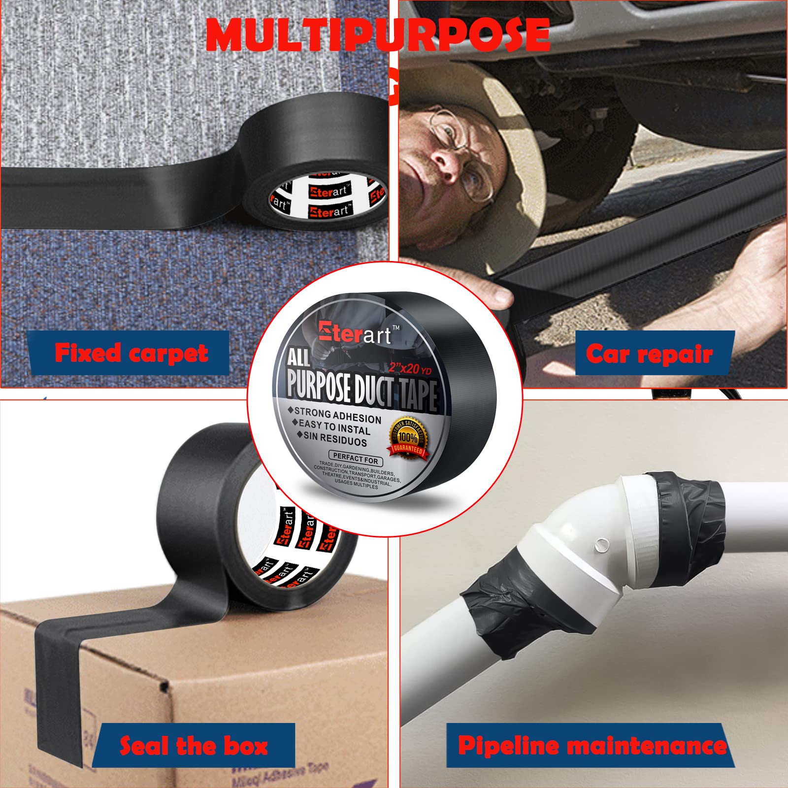 ETERART Duct Tape Haevy Duty Strong Industrial Max Strength Tape, No Residue and Tear by Hand, Multi-Purpose, Indoor & Outdoor Use, 2 Inch x 20 Yards (Black)