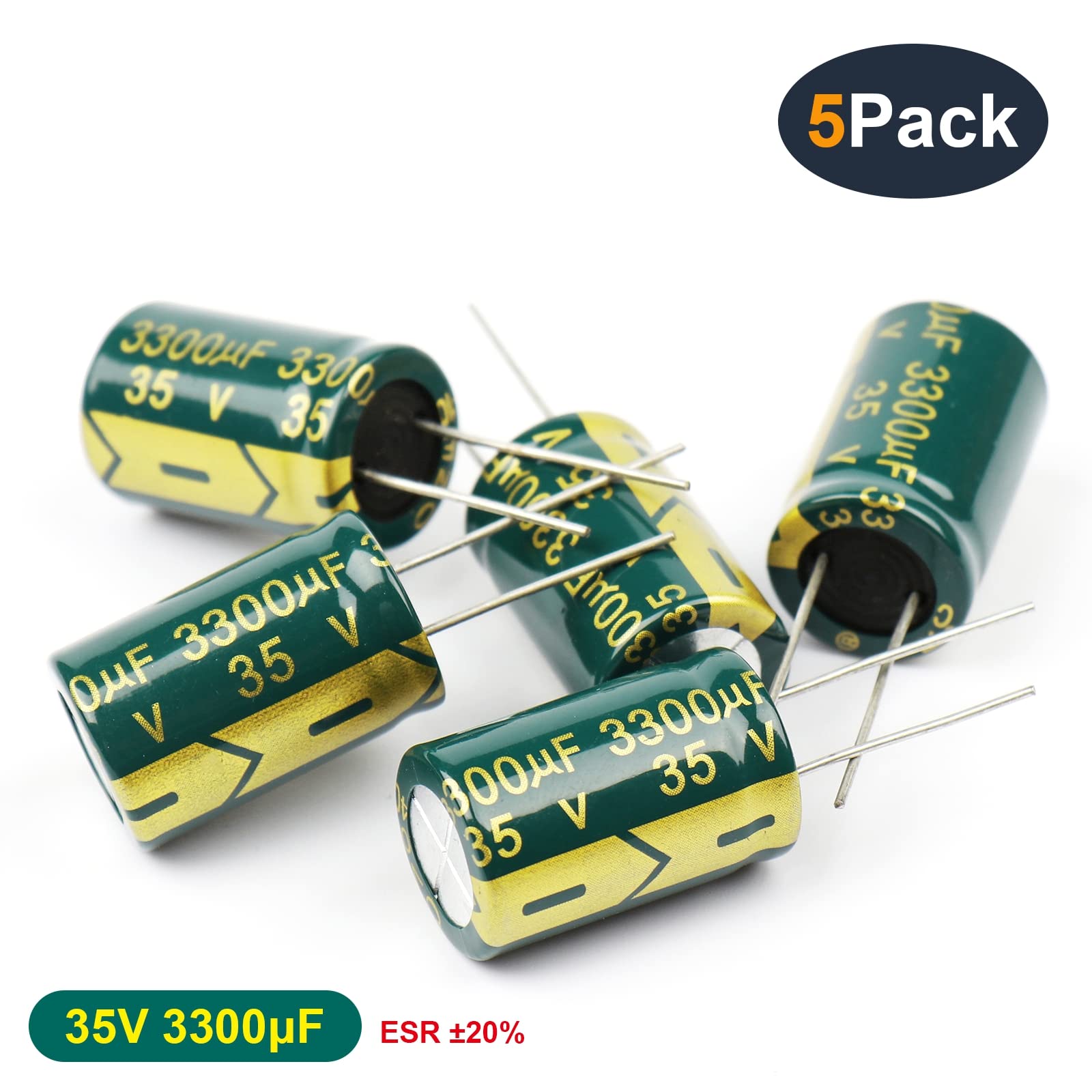 BEEYUIHF 3300UF MFD Capacitor 35V3300UF 16x25mm Aluminum Electrolytic Capacitors ±20% -40℃ to +105℃ (Pack of 5 Pcs)