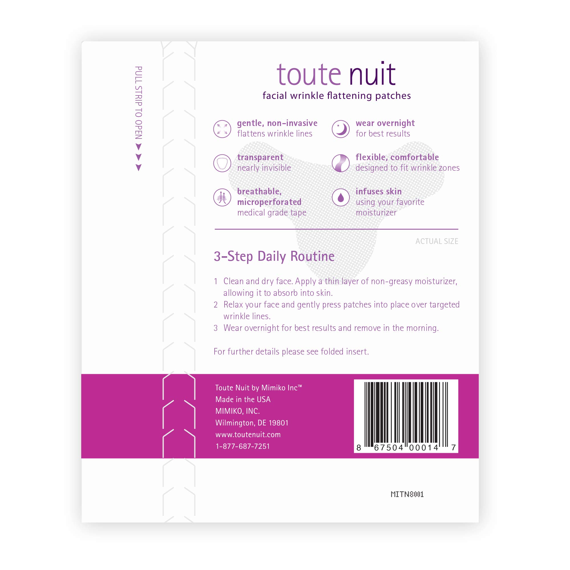 Toute Nuit Facial Wrinkle Patches, Face Tape, Y-Shape, Frown Lines, Around Eyes and Mouth, 20 Patches