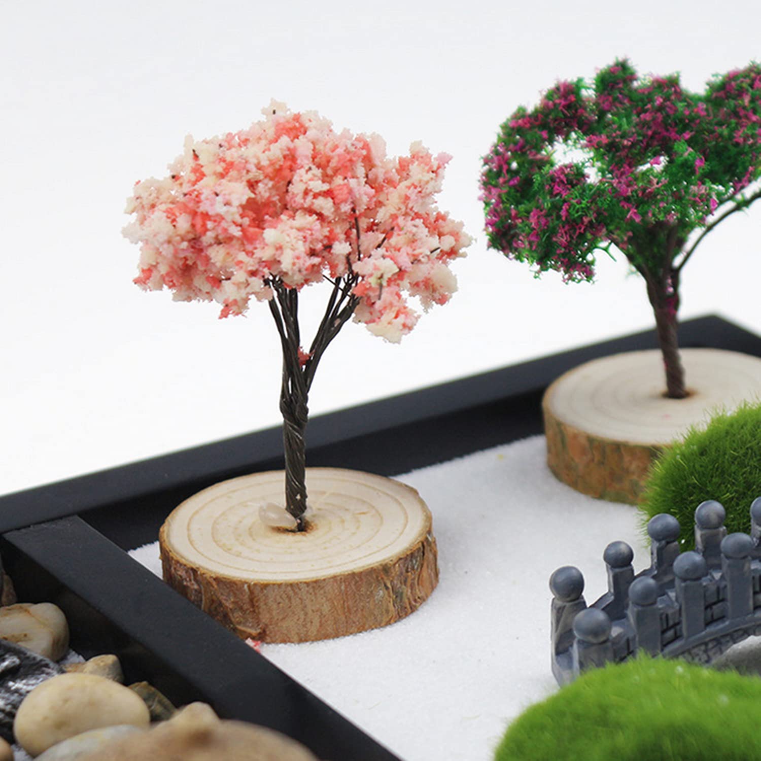 Japanese Zen Garden Desk with Rake, Stand, White Sand Artificial Bonsai Tree, Rock and Mini Buddha Statue. Meditation Zen Gift Kit, Home Desk Accessories-Meditation Gift