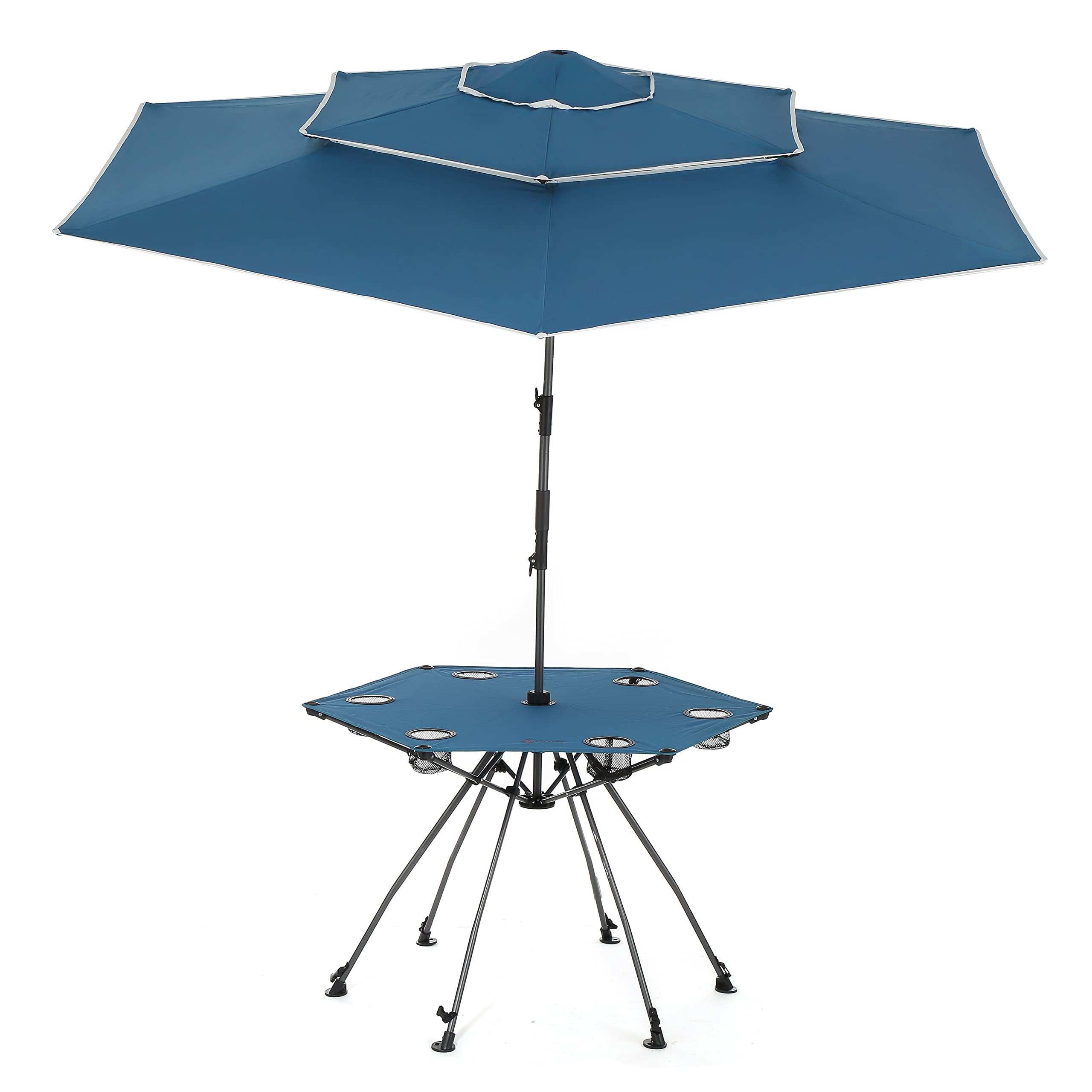 ARROWHEAD OUTDOOR 8FT Beach Umbrella & Folding Table, Wind Stabilization Vent, Adjustable Tilt, Stakes & Anchor Included, 6 Cup Holders, UBF 50+ Protection, Carrying Case w/Backpack Straps, Blue