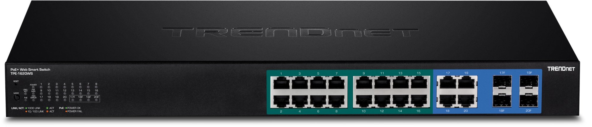 TRENDnet 16-Port Gigabit PoE+ Web Smart Switch with 2 Shared SFP Slots, Up to 30 W Per Port, 185 W Total Power Budget, Rack Mountable, TPE-1620WS, black