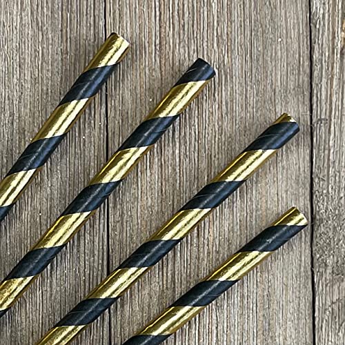 Black and Gold Foil Paper Straws - Striped - 7.75 Inches - 100 Pack Outside the Box Papers Brand