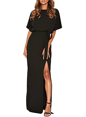 Happy Sailed Womens Batwing Sleeve Tie Waist Long Maxi Dress Side Split Formal Party Dresses Evening Gown Black X-Large