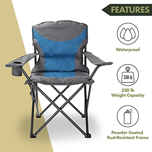ARROWHEAD OUTDOOR Portable Folding Camping Quad Chair w/Added Ultra-Comfortable Padding, Cup-Holder, Heavy-Duty Carrying Bag, Padded Armrests, Supports up to 330lbs, USA-Based Support (Blue & Gray)
