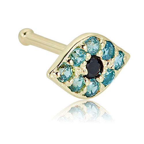 AVORA 14K Yellow Gold Simulated Diamond CZ Evil Eye Nose Ring Body Jewelry (22 Gauge)