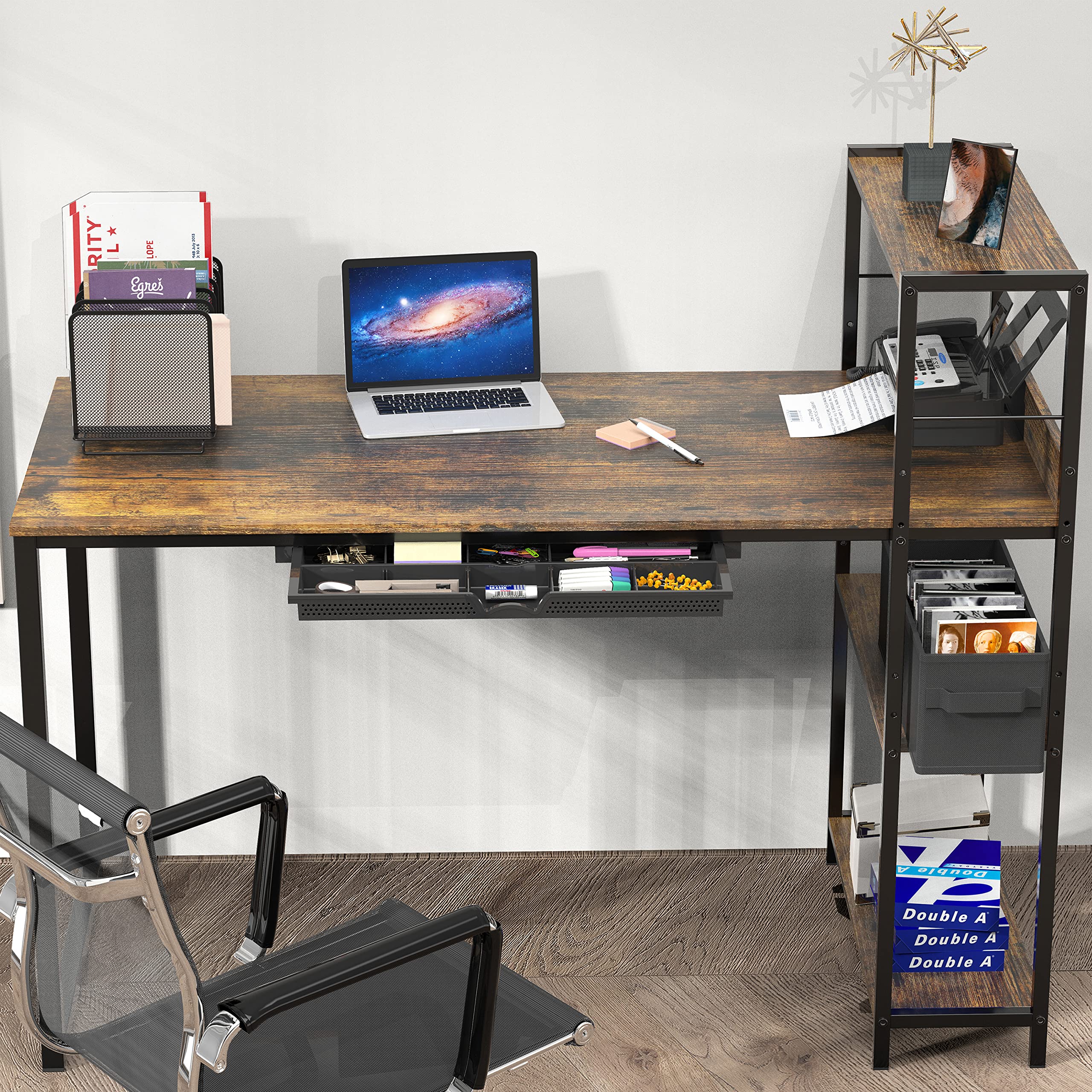 SHW 46-Inch Computer Desk with Adjustable Side Shelf and Drawer, 24" Deep, Rustic Brown