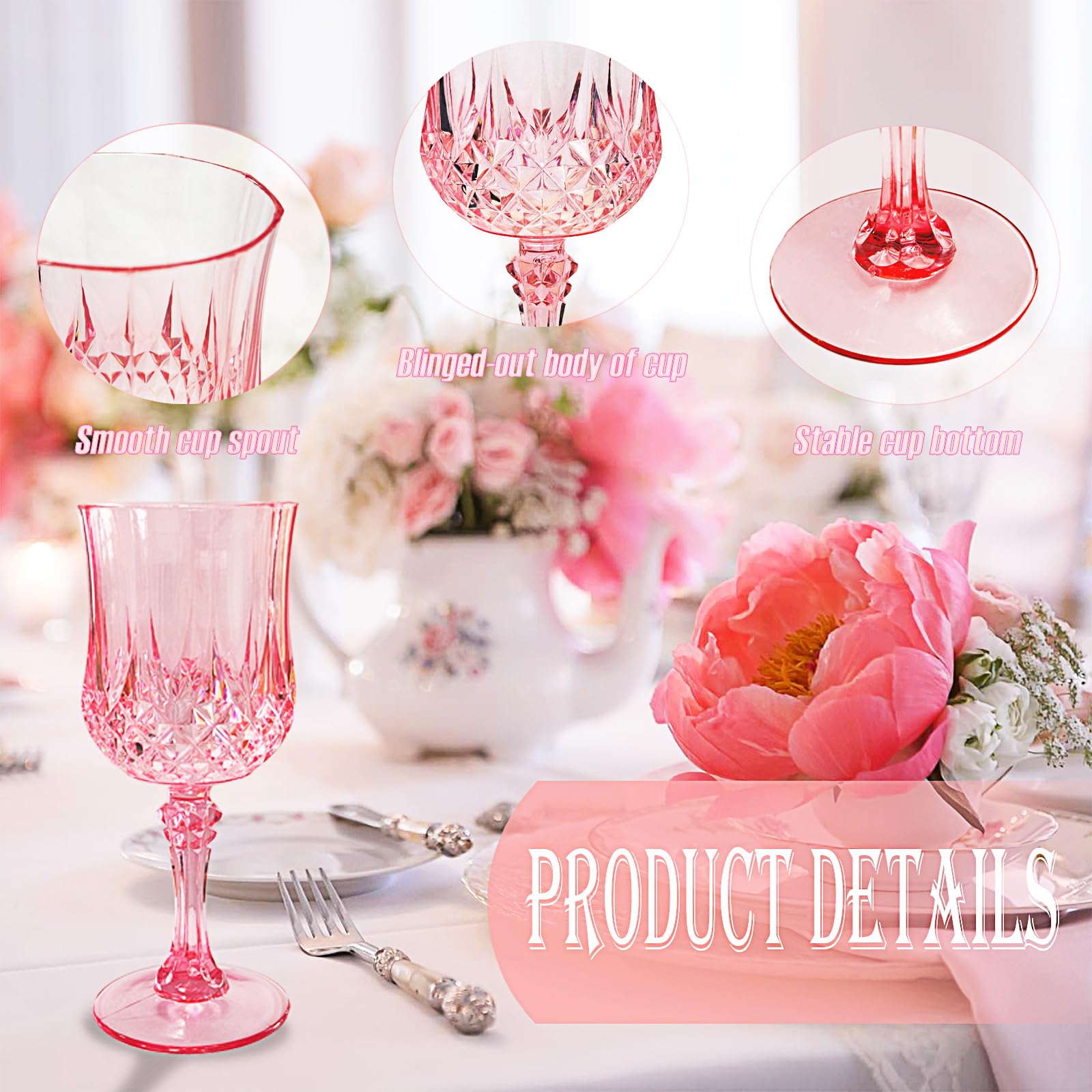 Veiuwa 24 Pcs Plastic Pink Wine Glasses,Plastic Cordial Glasses,Plastic Goblets,Pink Plastic Goblets,Plastic Wine Glasses,Can be Used for Weddings, Everyday Fun Parties and More!