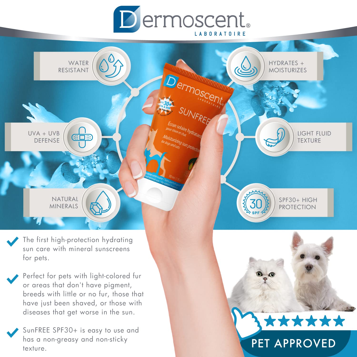 Dermoscent SunFREE SPF30+ Cat & Dog Sunscreen - Safe & Natural Mineral Sunscreen Moisturizing Sun Protection - 30 Ml / 1 Fl. Oz.
