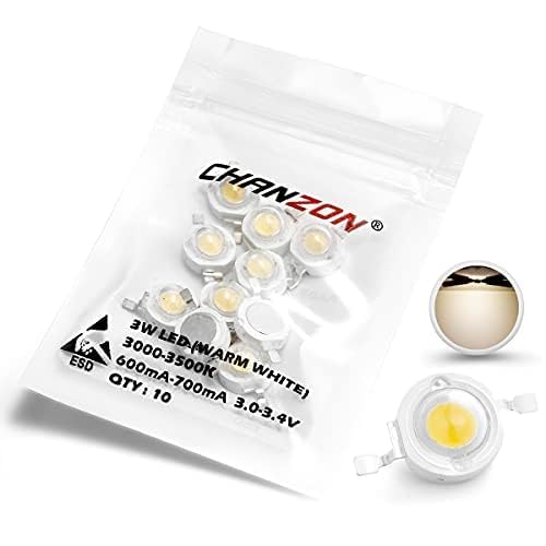 CHANZON 10 pcs High Power Led Chip 3W Warm White 3000K - 3500K (Input 600mA - 700mA / DC 3V - 3.4V / 3 Watt) Super Bright Intensity SMD COB Light Emitter Components Diode 3 W Bulb Lamp DIY Lighting