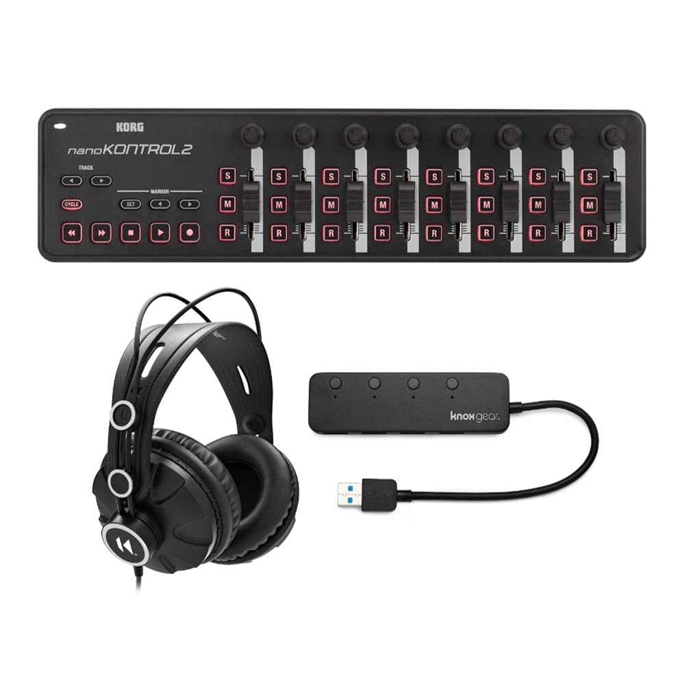 Korg nanoKONTROL2 Slim-Line USB MIDI Controller (Black) with TX-100 Closed-Back Studio Monitor Headphones and 3.0 4 Port USB Hub (3 Items)