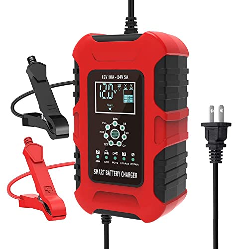 ATian 10-Amp Battery Charger, 12V/10A 24V/5A Smart Automatic Maintainer Trickle Charger with Temperature Compensation for Car Motorcycle Lawn Mower Lear-Acid AGM LiFePO4 Battery