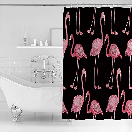ANNAMALL Shower Curtains,Watercolor Pink Flamingo Pattern Black Background Cloth Shower Curtain for Bathroom,Shower Curtain Set with Curtain Hooks 48"x72"