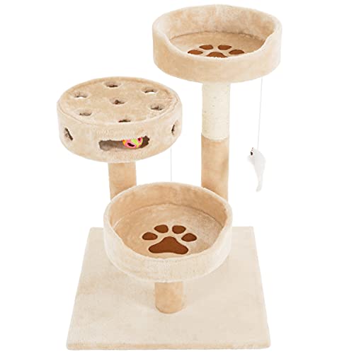 PETMAKER 3-Tier Cat Tower Collection - 2 Carpeted Napping Perches, Sisal Rope Scratching Post, Hanging Mouse, and Interactive Cheese Wheel Toy