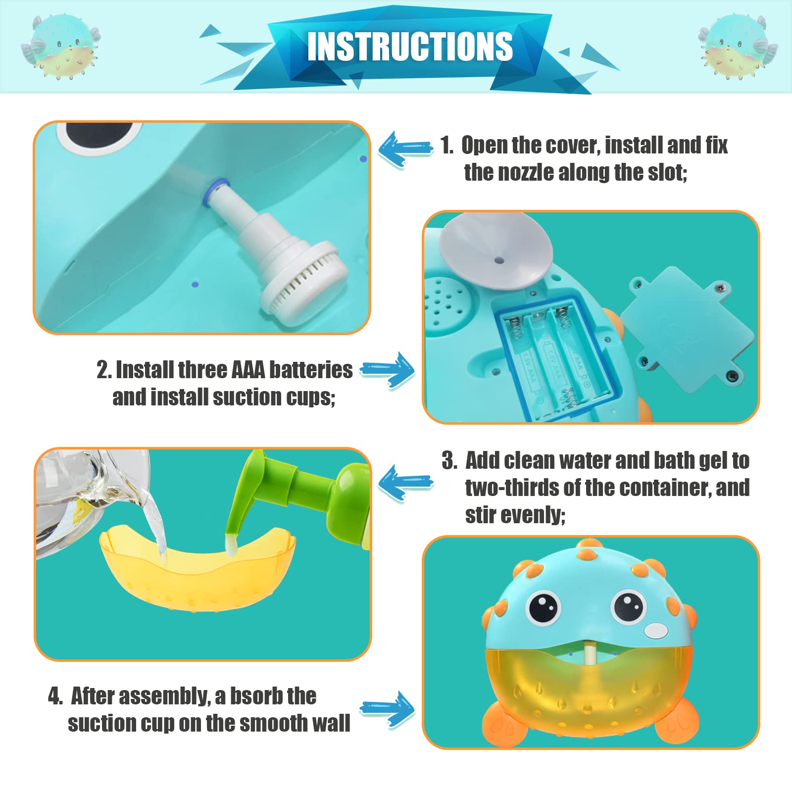 Bathtub Bubble Machine, Bath Bubble Maker Automatic Bath Toy for Baby Toddler Kids, Puffer Shape with Music, Bathroom Blowing Bubbles Funny Gift for Boys and Girls (Globefish Blue)