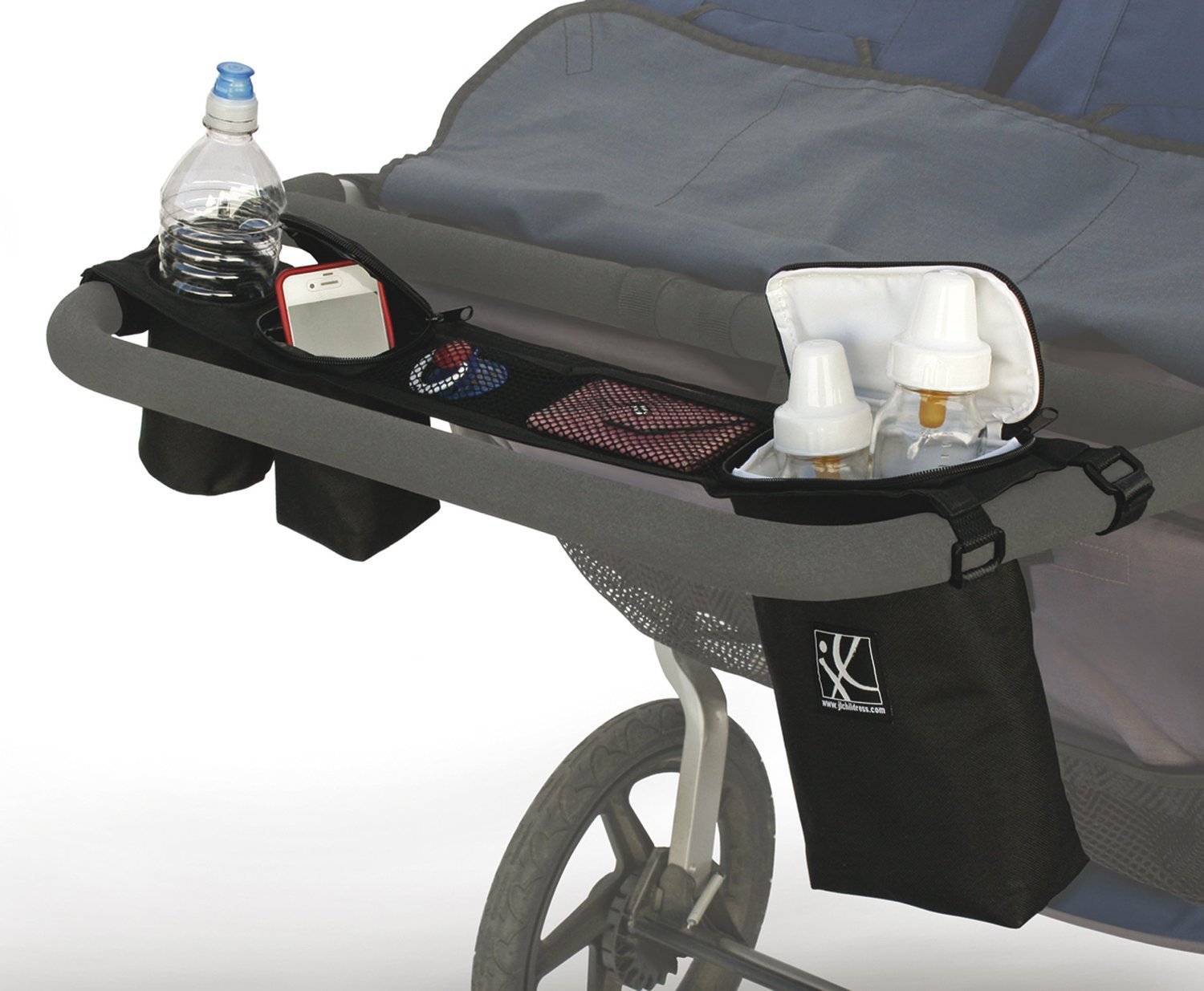 J.L. Childress DoubleCOOL Double Stroller Organizer - Stroller Accessory with Cooler and Storage - Includes Cup Holder, Cell Phone Pocket and Zippered Compartments - Black