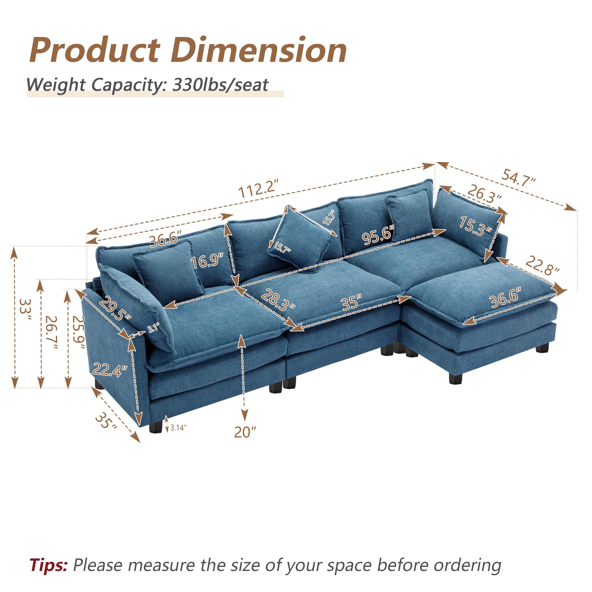 mikibama Modular Sectional Sofa, 112" L Shaped Sofa Set for Living Room, 3-Seater Comfy Upholstered Cloud Couches with Movable Ottoman, 5 Pillows, DIY Combination, Chenille, Blue