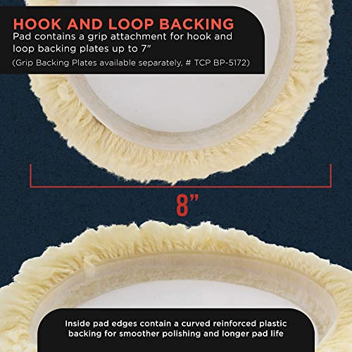 TCP Global -(Pack of 3) - 8" 100% Wool Hook & Loop Grip Buffing Pad for Compound Cutting & Polishing for Automotive, Marine and Epoxies