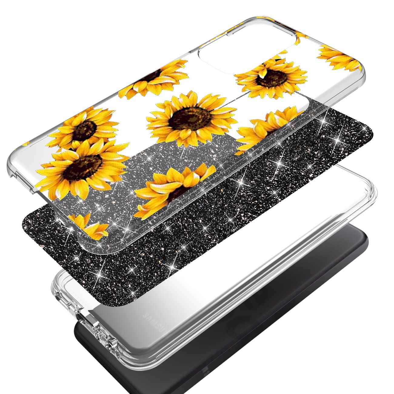DDTKZC for Samsung Galaxy A23 5G Case,Samsung A23 5G Case Tempered Glass Protector Lustre Pattern-Sparkle 3 in 1 Clear Shockproof Case for Samsung A23 5G (Yellow Sunflower)