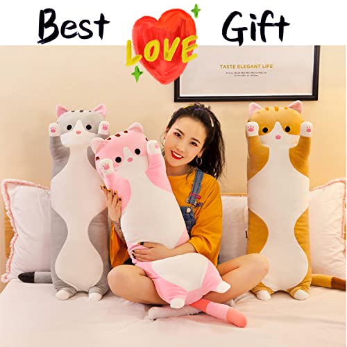 Handytoolinc Cat Soft Pillow Plush Long Throw Sleeping Pillow Cotton Kitten Pillow Cuddly Stuffed Cute Plush Doll Toy Gift for Kids Girlfriend (19.7 inch/50 cm, Grey)