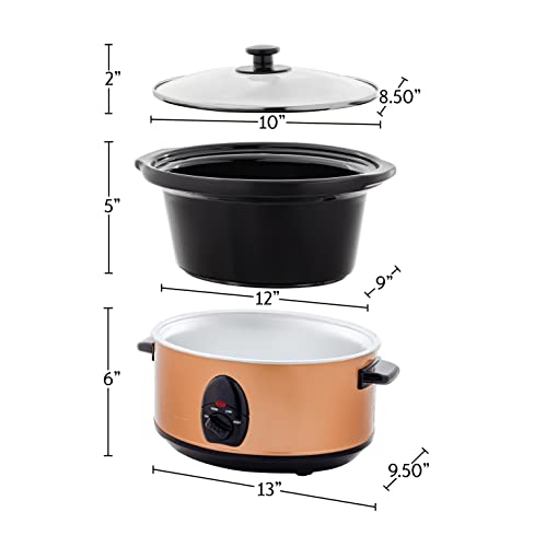 OVENTE Electric Slow Cooker with 3.7 Qt Ceramic Pot and 3 Cooking Settings, Dishwasher-Safe Stoneware, Tempered Glass Lid, Portable Multicooker Perfect for Soups Sauces Stews & Dips, Copper SLO35ACO1