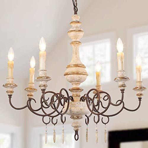 LNC Farmhouse Chandelier for Dining Room, 6-Light French Country Lighting , Handmade Wood Chandelier with Drop Pendants, Distressed White, 30.7”Dia