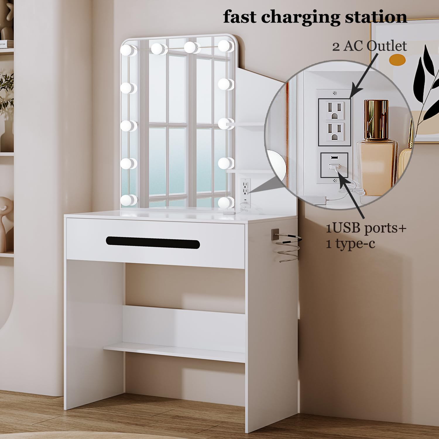 sbdmirau Modern Vanity Desk with Lighted Mirror, Desk Makeup Dressing Table with Power Strip, 12 LED Lights, 1 Large Drawers, Writing Desk with 3-Sectio Storage Shelves for Bedroom, White