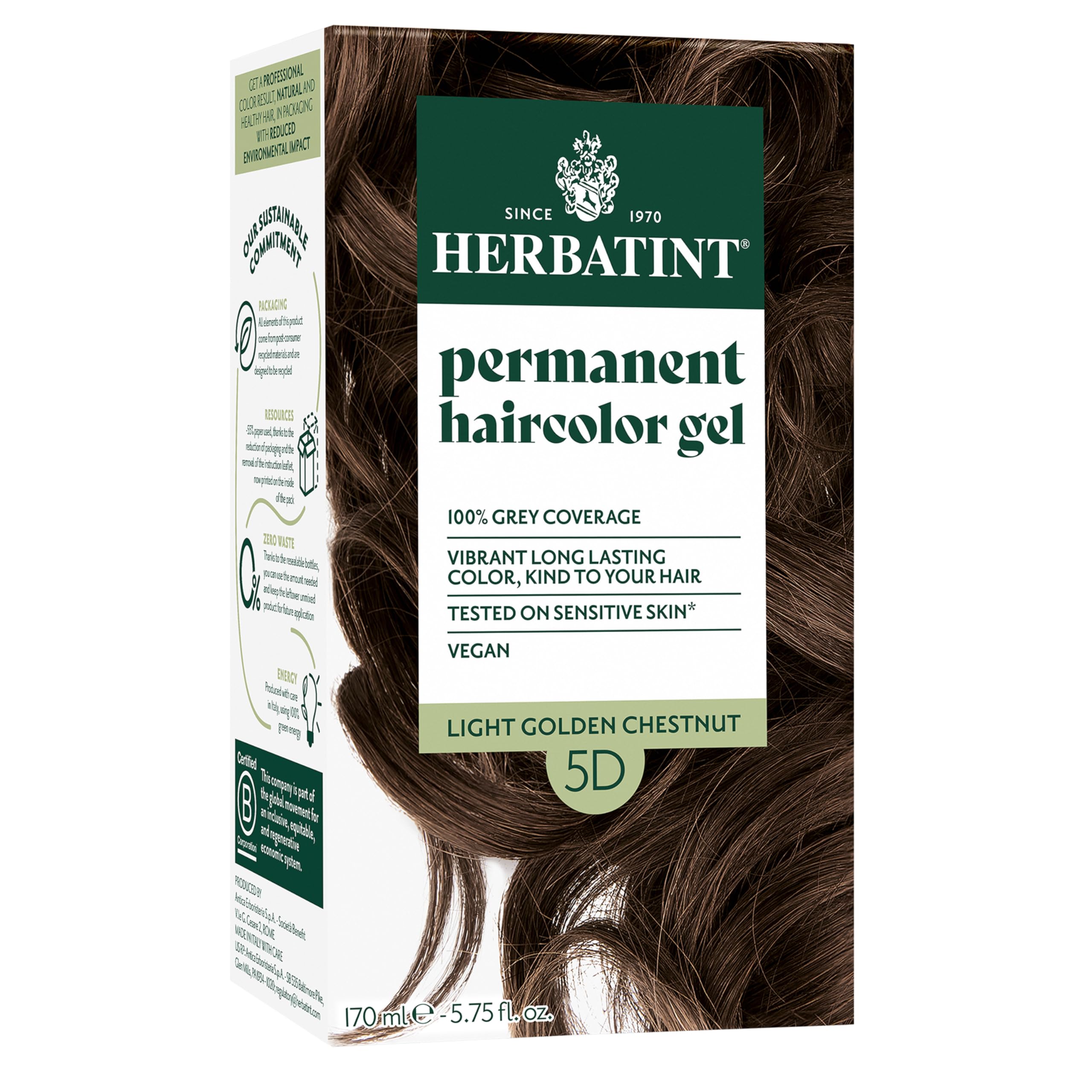 Herbatint Permanent Hair Dye For Women - 5D Light Golden Chestnut - For Up To 100% Gray Coverage of Resistant Gray Hair - Ammonia-Free, Alcohol-Free & Vegan - Salon Influenced Hair Color 5.75 fl oz