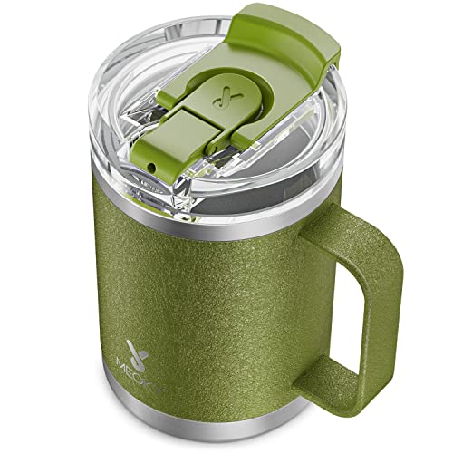 Meoky 14oz Insulated Coffee Mug with Lid and Handle, 100% Leak Proof Stainless Steel Coffee Cup with Tritan Lid, Double Wall Vacuum Coffee Tumbler with Handle (Forest)