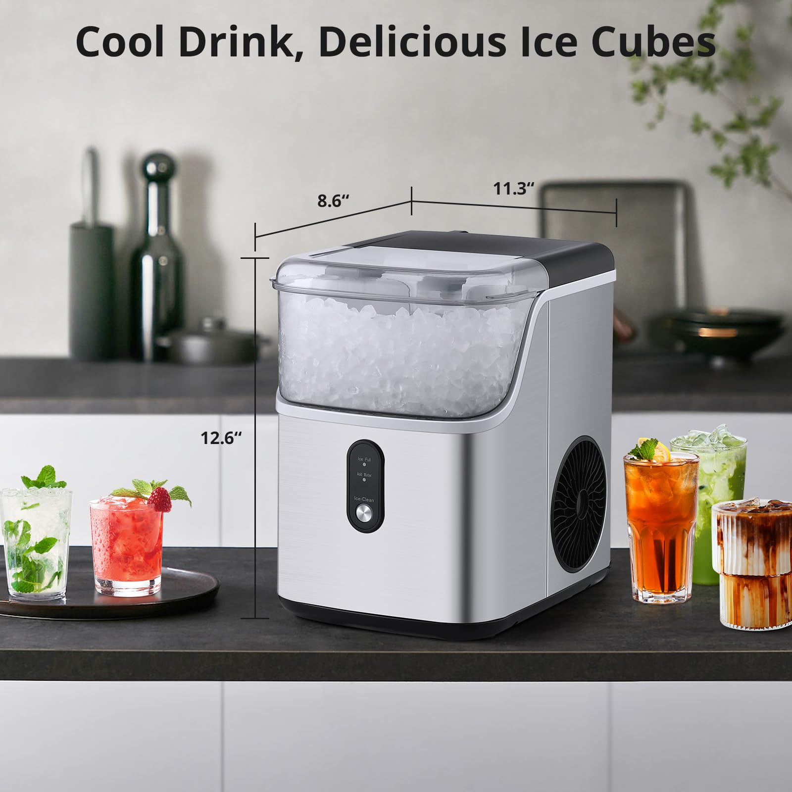 Litake Nugget Ice Maker Countertop - Chewable Pellet Ice Cubes, 35 lbs|24H Output, Stainless Steel Housing, Self-Cleaning Ice Machine with Ice Bags for Parties, Kitchen, Bar, Office, Silver