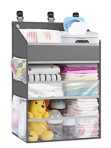 PHOTOONE Hanging Diaper Caddy Organizer - Crib OrganizerāSpacious Baby Girl/Boy Diaper Organizer for Changing Table, Playpen, Wall- Hold 90+ Diapers- Nursery Baby Essentials Storage for Newborn, Gray