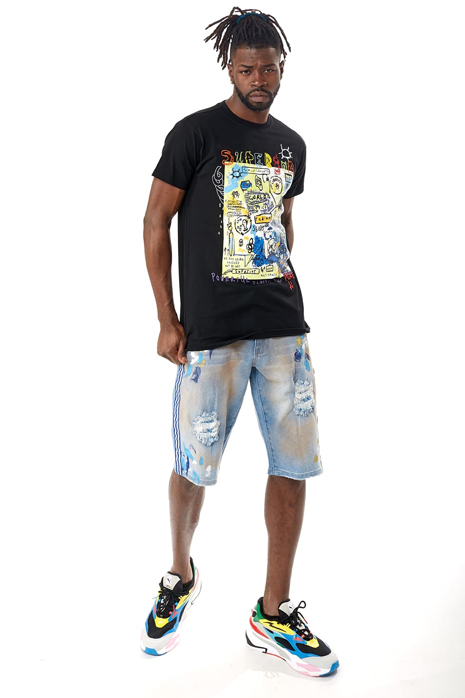Bleecker and Mercer Mens Flex Stretch Ripped Slim Jeans Pants Distressed Stitch Fashion 12" Denim Shorts (BS1004-BM-JET Black, 32)