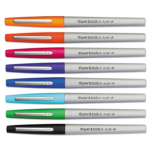 Paper Mate 62145 Flair Porous Point Stick Liquid Pen, Assorted Ink, Ultra Fine, 8/St