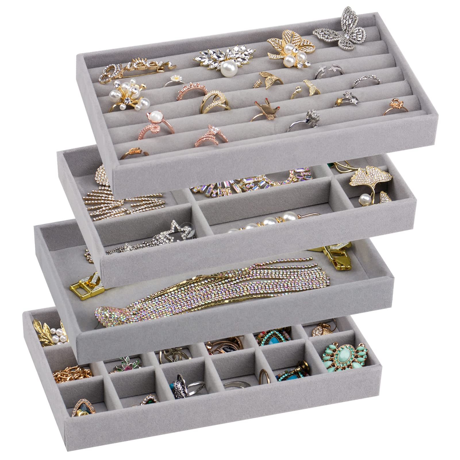 Ptaedex Stackable Velvet Jewelry Trays Organizer for Drawers, Small Jewelry Drawer Organizer Display Tray for Earring Ring Watch Bangle Bracelet Necklace, Set of 4, Gray