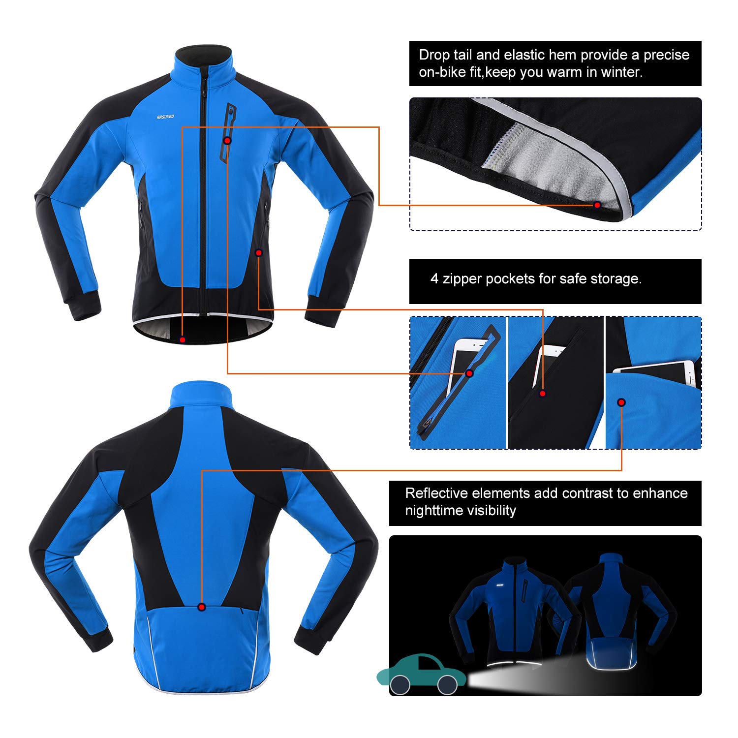 ARSUXEO Men's Winter Cycling Jacket Thermal Fleece Softshell Mountain Bike Outwear Windproof Waterproof 20B Blue Size Large