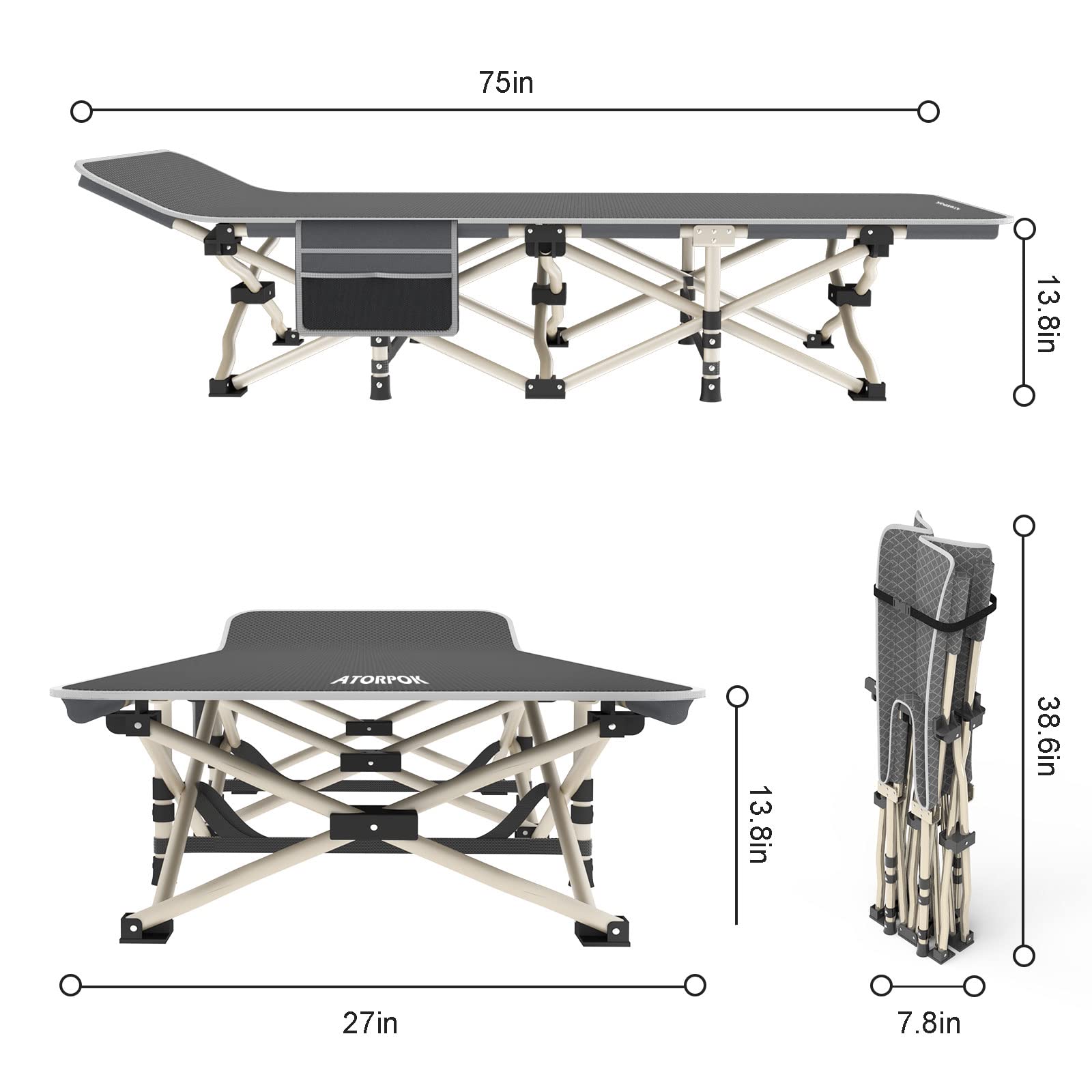 ATORPOK Camping Cot for Adults with Cushion, Sleeping Cots Comfortable Folding Bed 450lbs, Portable Tent Cots with Carry Bag for Camp Office Beach Use, Grey
