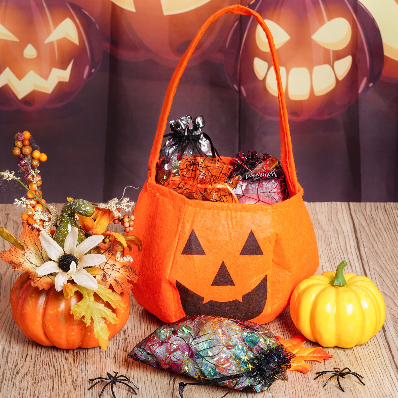 choyaxo 100PCS Halloween Organza Bags Spider Web Print Satin Drawstring Candy Jewelry Bags for Halloween Drawstring Gift Bags 4 x 6 Inches/10 * 15cm, 4 Styles