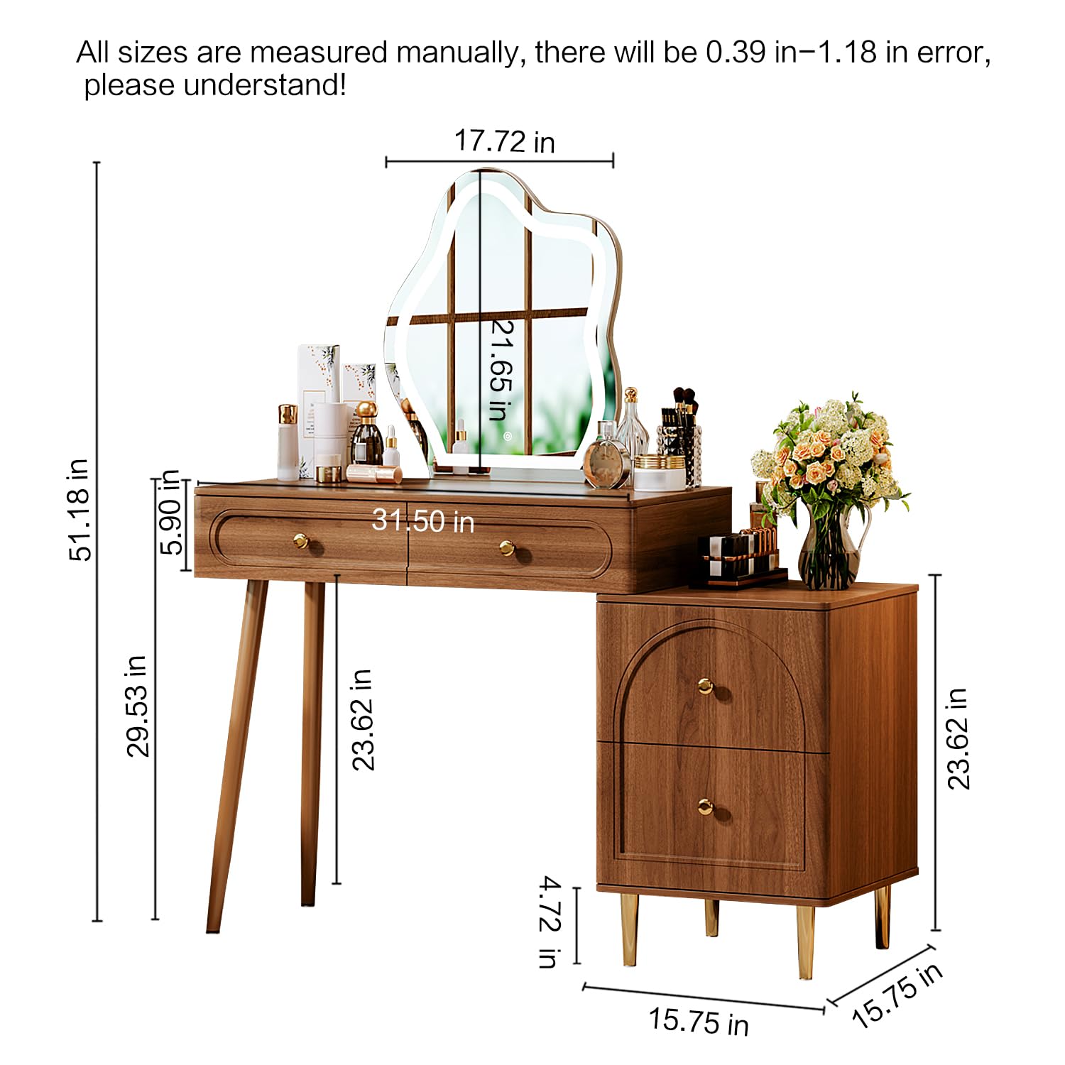 Chrangmay Stylish Corner Vanity Desk with Mirror and Lights,Small Makeup Vanity with 4 Drawers,Modern Makeup Table with Adjustable Cabinet for Bedroom,Makeup Room,Writing Desk,Brown