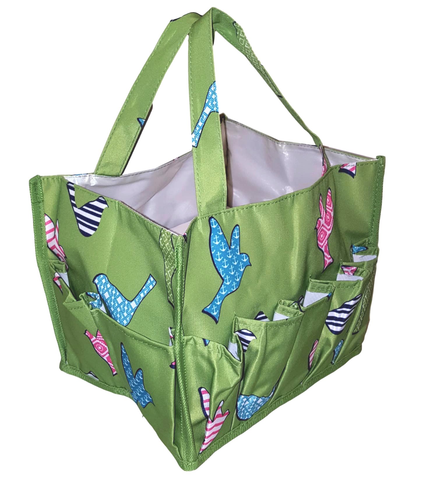 SONA G DESIGNS Small Fashion Organizing Tote Bag - 12 Outside Pockets Bingo Cosmetics Crafts Yarn Crochet Projects - Green Bird