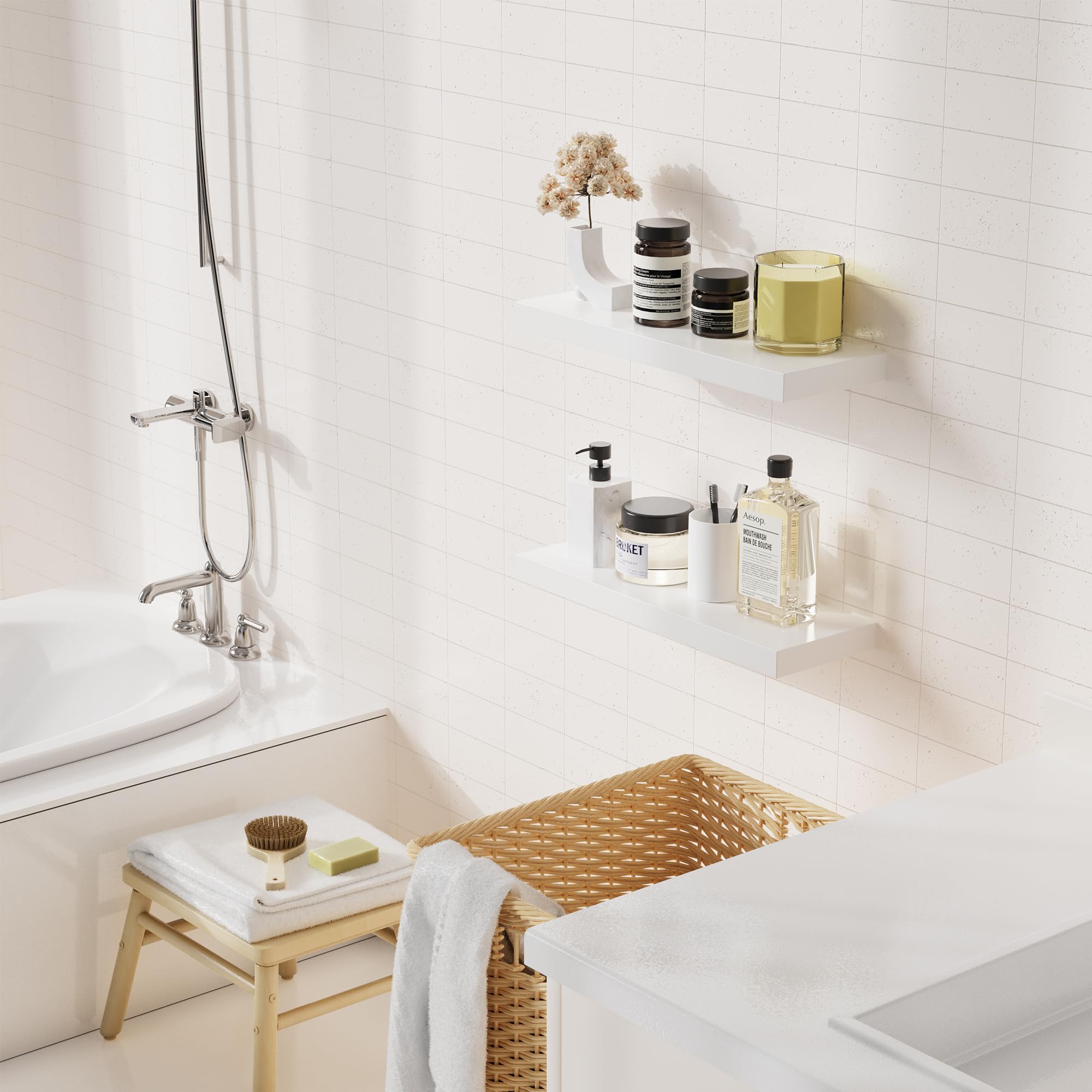 Bellsal Floating Shelves, White Engineered Wood Wall Shelf Set of 2, 15" Wall Mounted Floating Shelf, Hanging Wooden Shelf Invisible with Brackets for Bedroom, Kitchen, Living Room, Bathroom Decor