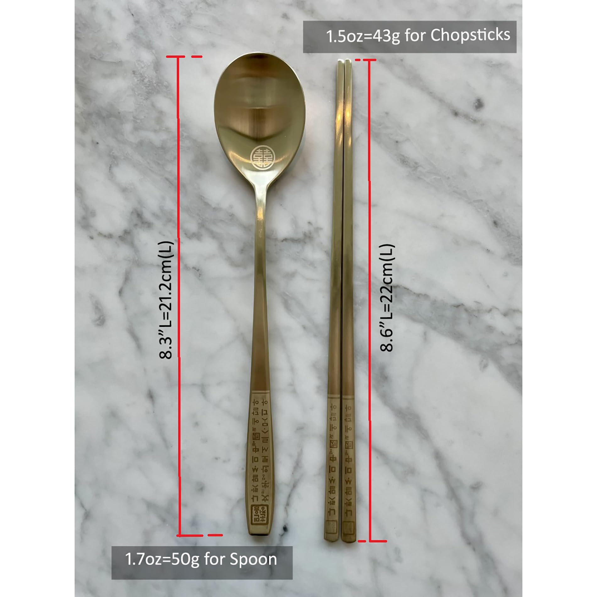 cozymomdeco Korean Made Chopsticks Spoon Set with Korean Letter Hangul Engraved Gold Color 18-10 Stainless Steel Stocking Stoffer Gift for Mom
