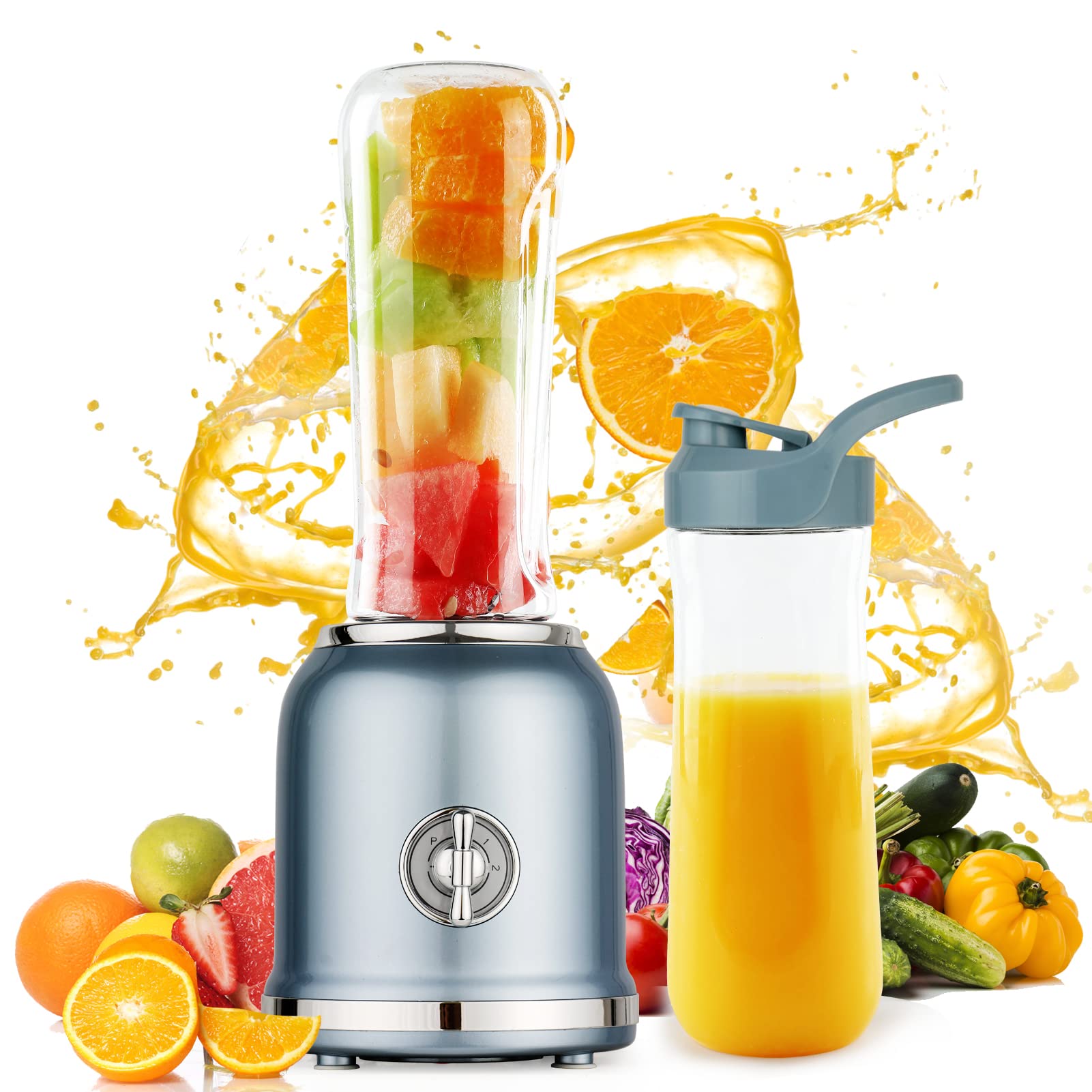 Smoothie Blender with 6 Sharp Blades, Personal Mini Blender for Shakes and Smoothies with 3 Adjustable Speeds, Blender for Kitchen with blending and grinding, BPA-free 2 Travel Cup
