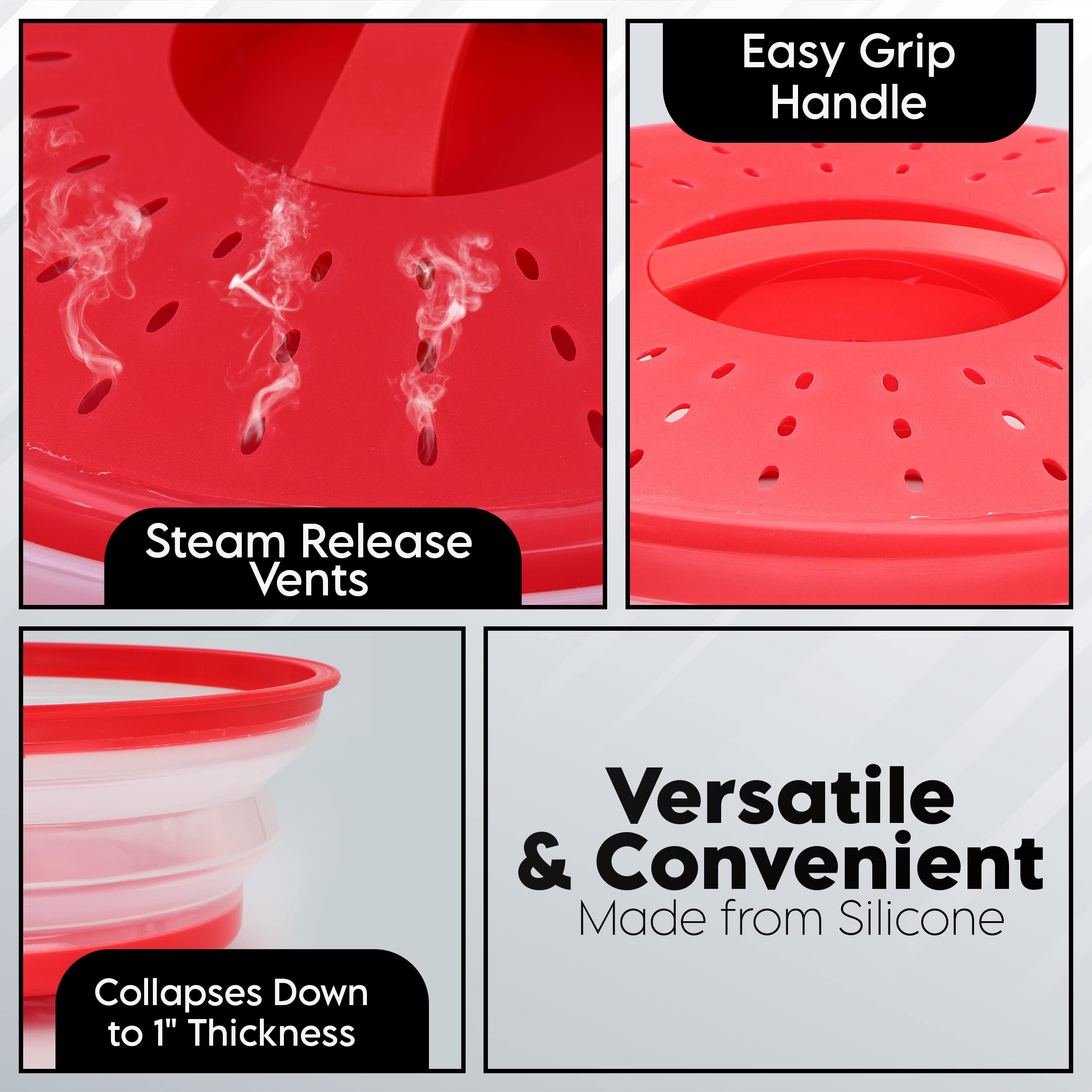 Microwave Cover for Food, Collapsible Microwave Splatter and Plate Covers Easy Grip Lid and Food Strainer, BPA Free and Dishwasher Safe, 10.5", Red - By Rampro