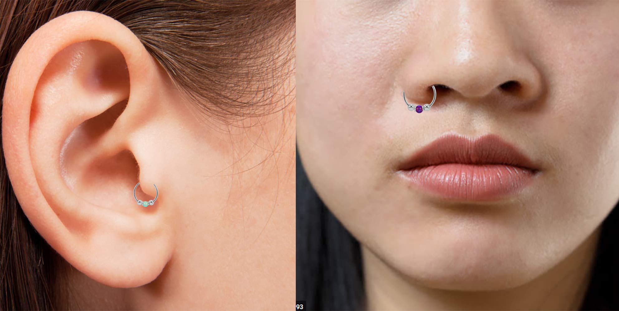 AtoZ Piercing Aurora Borealis Opal Stone Center and Silver Bead Ring 22 Gauge (0.6MM) - 8mm Diameter 925 Sterling Silver Open Hoop Nose Ring Jewelry