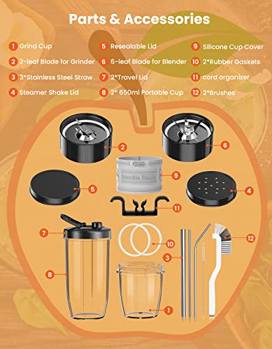 VEWIOR 20 Pieces Smoothie Blender for Shakes and Smoothies, 1000W Blenders for Kitchen, Protein Drinks, Bullet Personal Blender with 2 * 22Oz Smoothie Cups with Lids