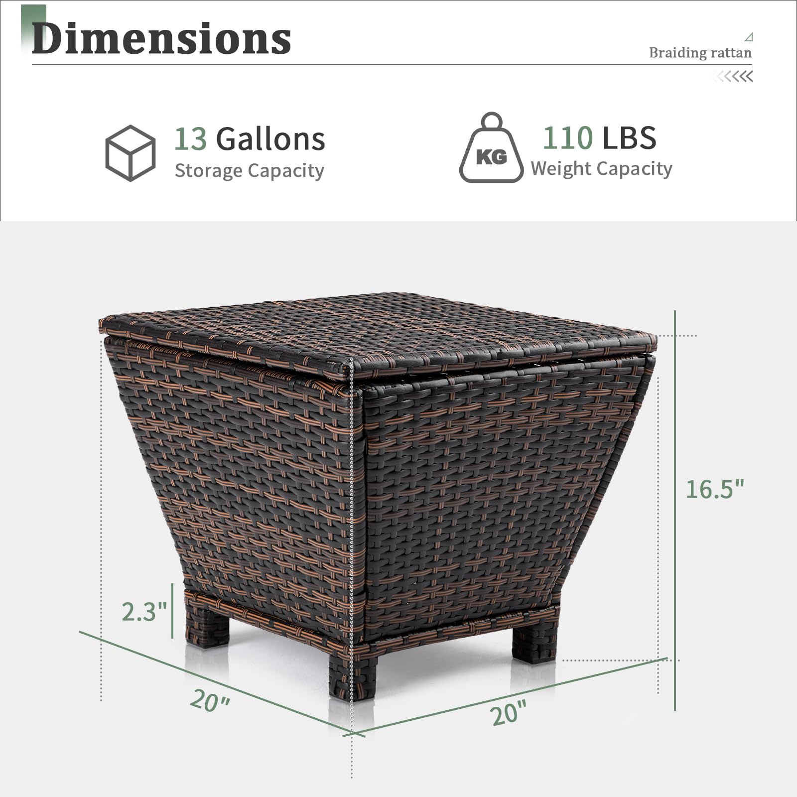 Small Deck Storage Box Outdoor with Lid, 13 Gallon Small Outdoor Bin Storage Container for Hose Cushion Towel, Patio Brown Side Wicker Table with Storage-Steel, Rattan, Square