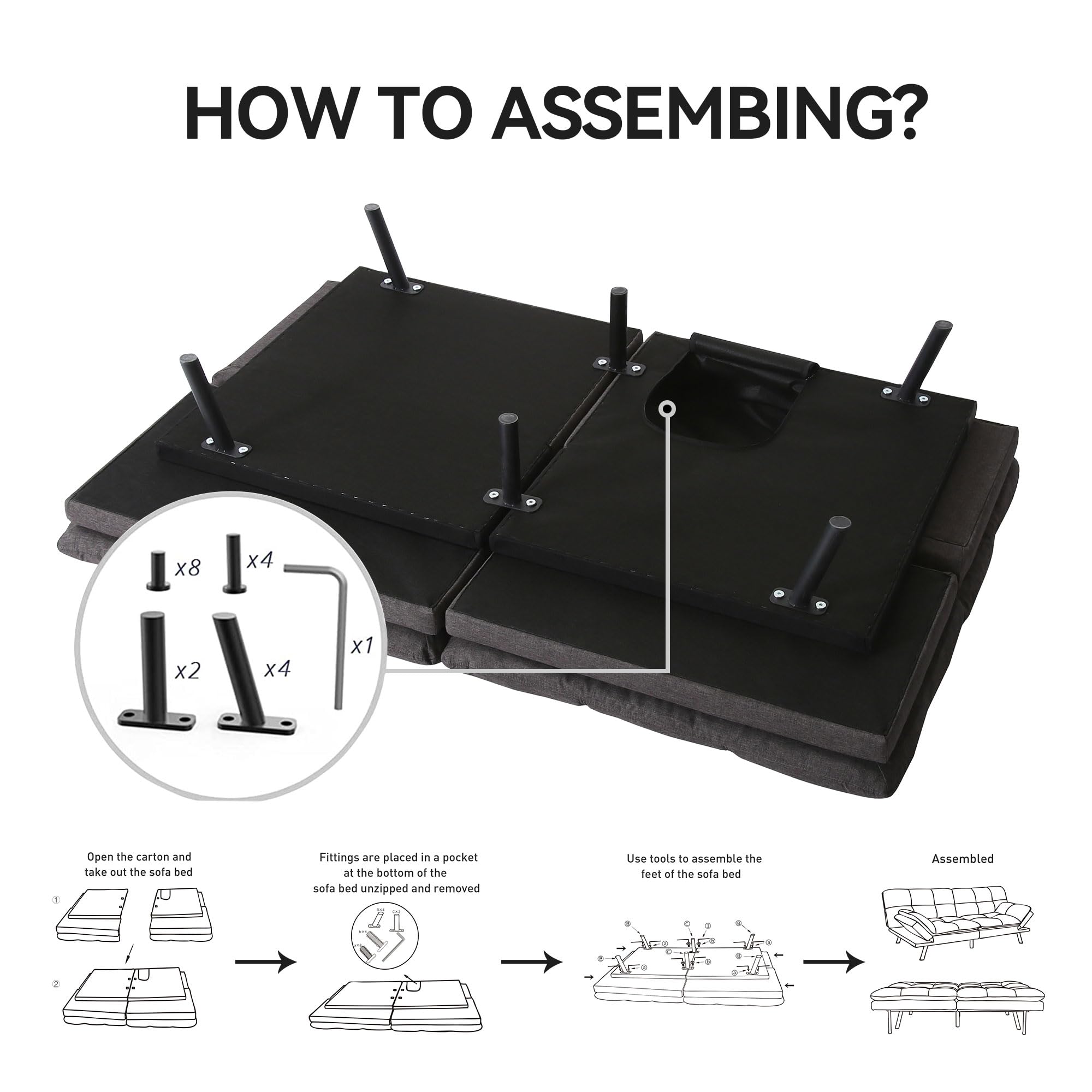 Hcore Futon Bed, Gray Mid-Century Modern Memory Foam Loveseat Sofas, French Grey