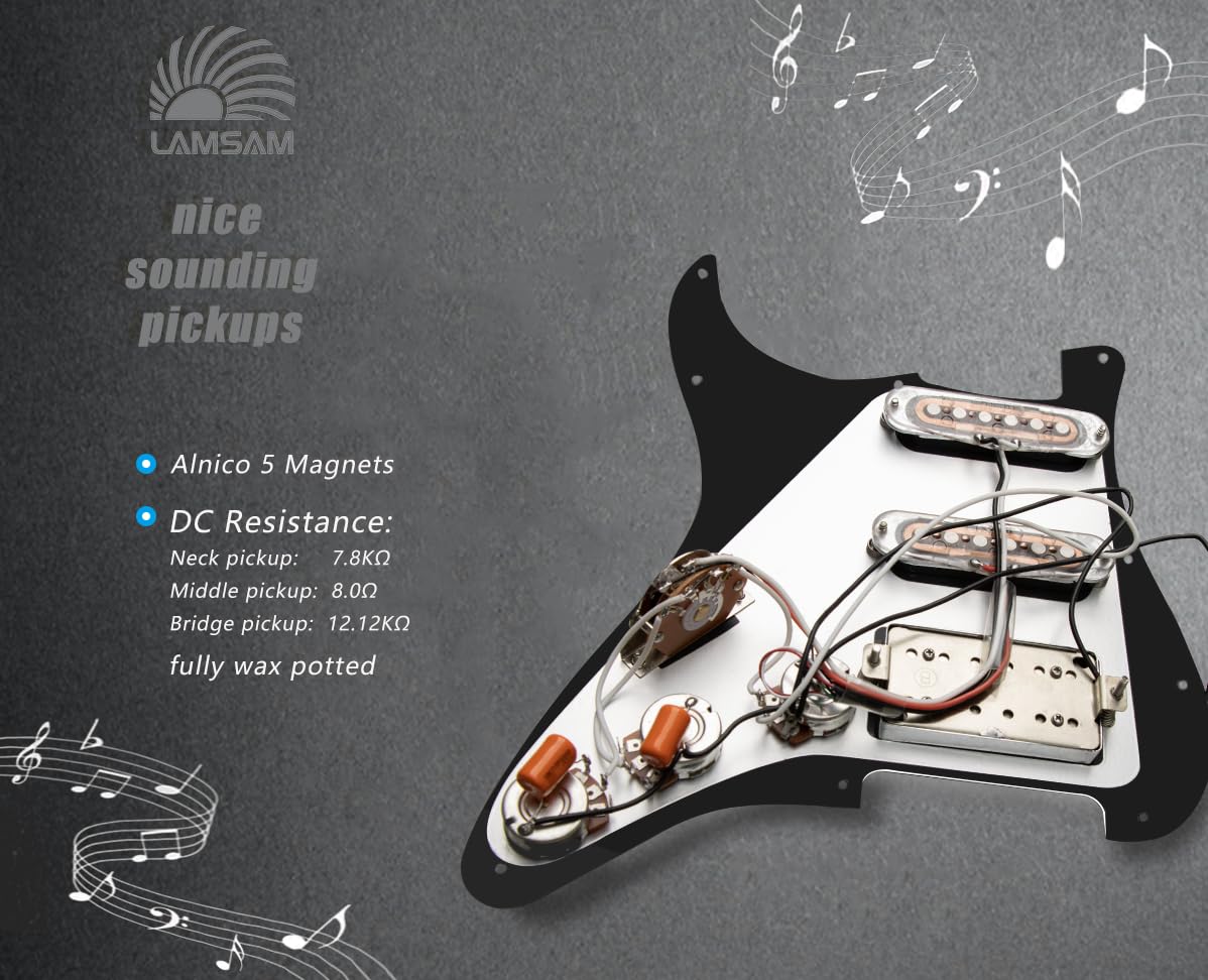 LAMSAM Prewired Pickguard with SSH Pickup Set, 3-ply Pick Guard Loaded Alnico V Single Coil Humbucker Pick-ups, Electric Guitar Scratchplate as Luthier Replacement Parts, Black-03