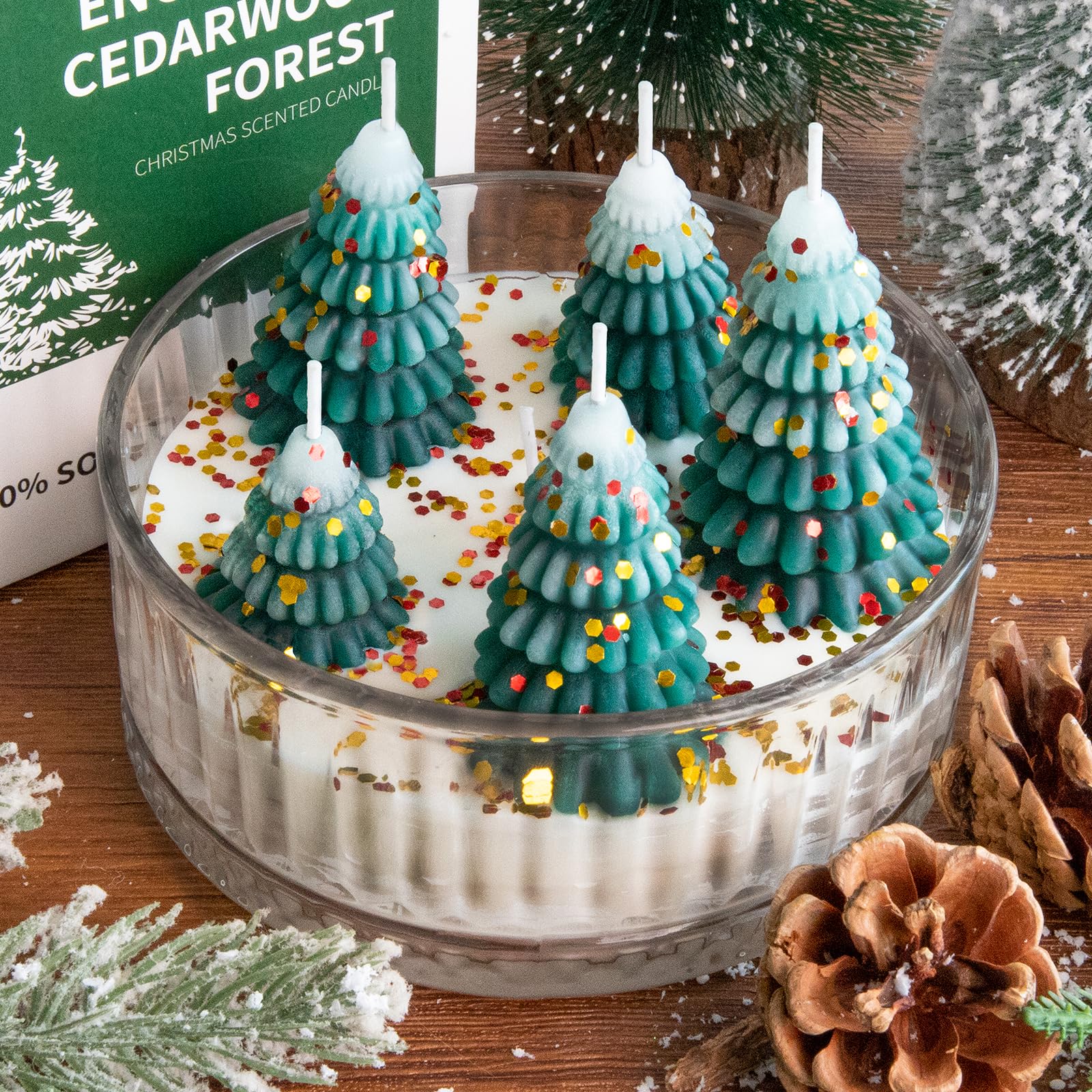Christmas Decorations Indoor - Christmas Tree Cedar Forest Candles - Farmhouse Rustic Xmas Decor for Party Room Table Decor - Xmas Gifts for Women Girls Holiday Birthday